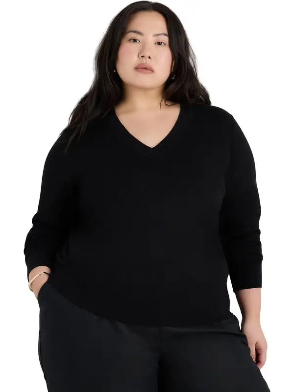 Quince Cotton Cashmere V-neck Sweater - Black