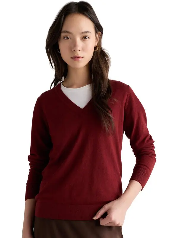 Quince Lightweight Cotton Cashmere V-neck Sweater - Deep Brick Red