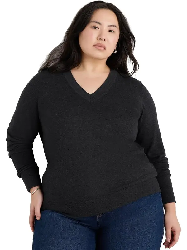 Quince Cotton Cashmere V-neck Sweater - Heather Charcoal