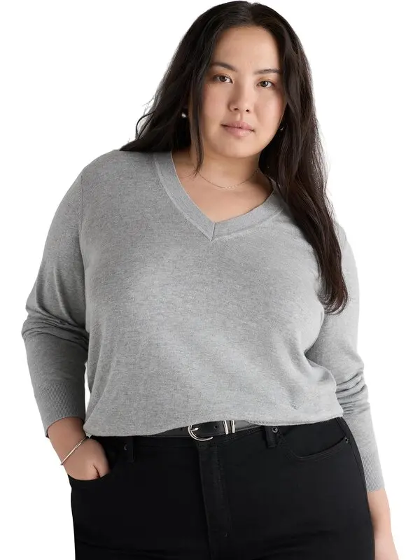 Quince Lightweight Cotton Cashmere V-neck Sweater - Heather Grey