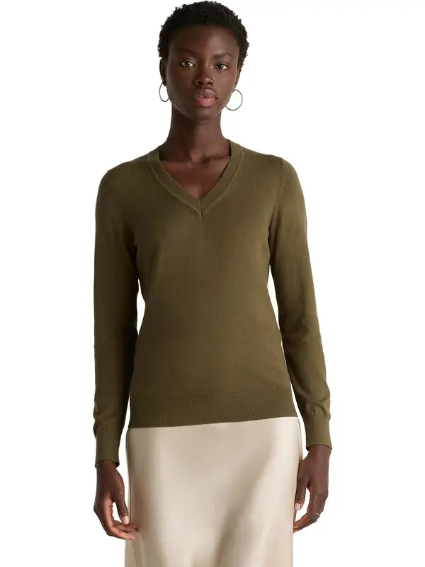 Quince Cotton Cashmere V-neck Sweater - Olive
