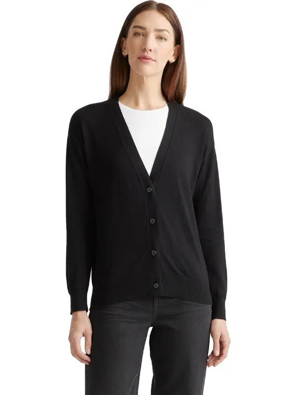 Quince Lightweight Cotton Cashmere Cardigan Sweater - Black