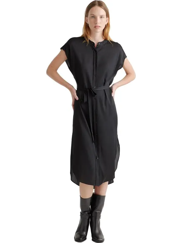 Quince Washable Stretch Silk Midi Shirt Dress - Black