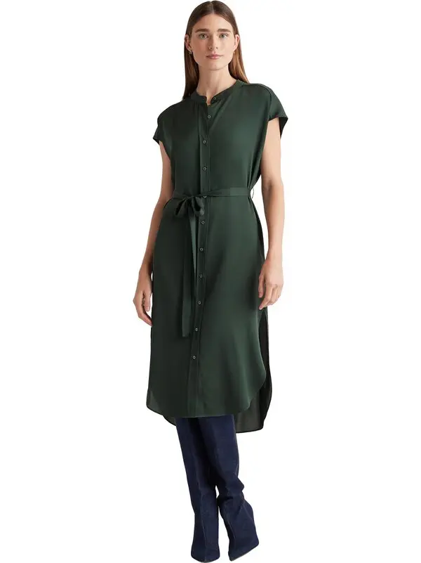 Quince Washable Stretch Silk Midi Shirt Dress - Forest Green