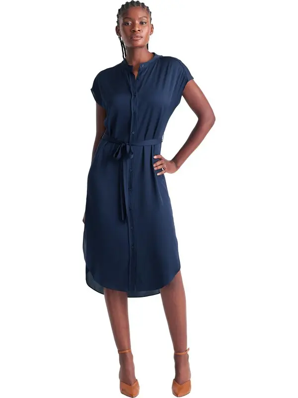 Quince Washable Stretch Silk Midi Shirt Dress - Navy