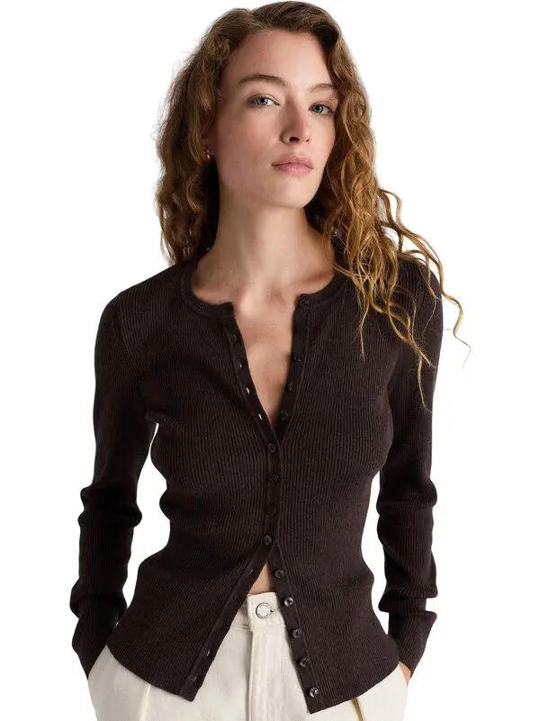 Quince Cotton Cashmere Fitted Ribbed Cardigan Sweater - Mocha Heather