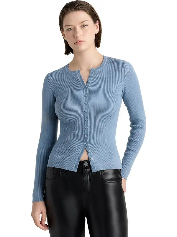 Quince Cotton Cashmere Fitted Ribbed Cardigan Sweater - Mountain Spring Blue