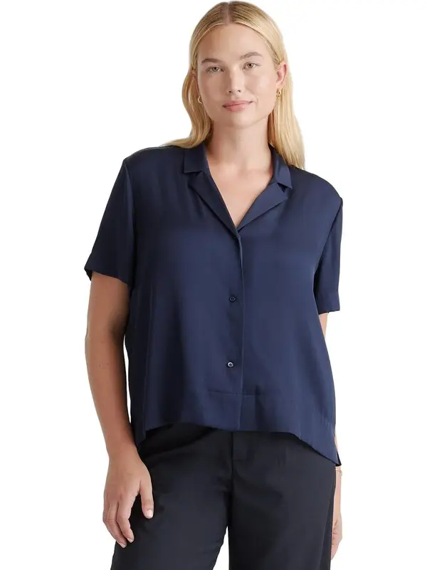 Quince Washable Stretch Silk Short Sleeve Notch Collar Blouse - Navy