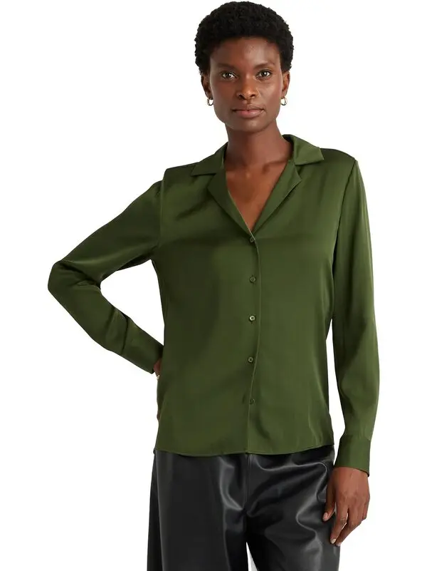 Quince Washable Stretch Silk Notch Collar Blouse - Basil Green