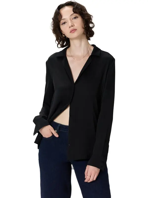 Quince Washable Stretch Silk Notch Collar Blouse - Black