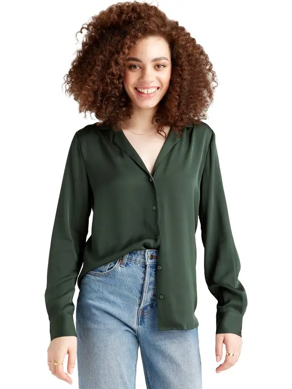 Quince Washable Stretch Silk Notch Collar Blouse - Forest Green