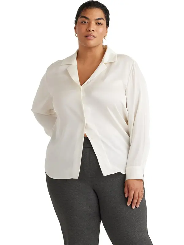Quince Washable Stretch Silk Notch Collar Blouse - Ivory