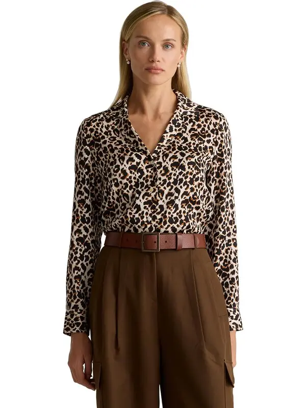 Quince 100% Washable Silk Stretch Notch Collar Blouse - Leopard