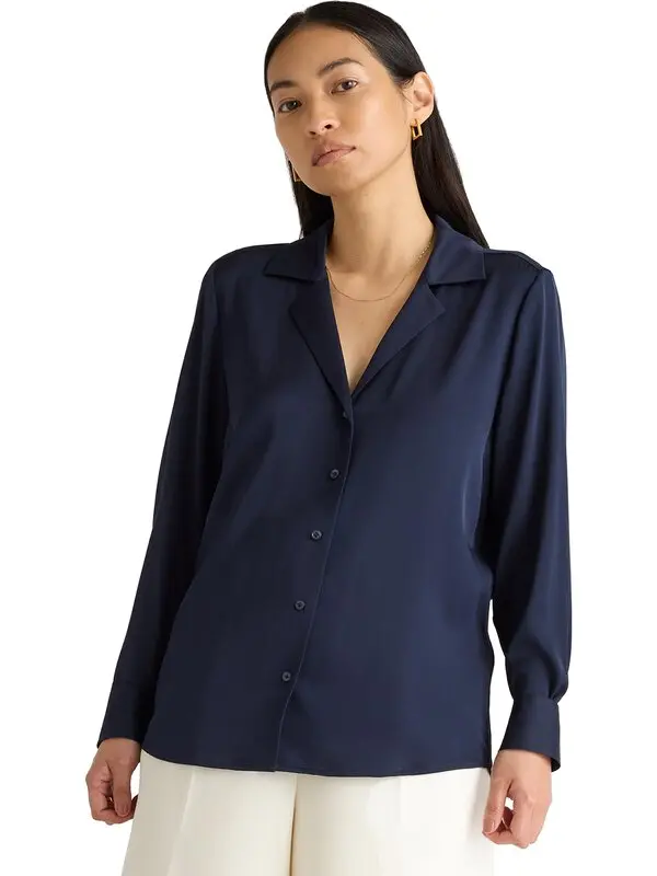 Quince Washable Stretch Silk Notch Collar Blouse - Navy