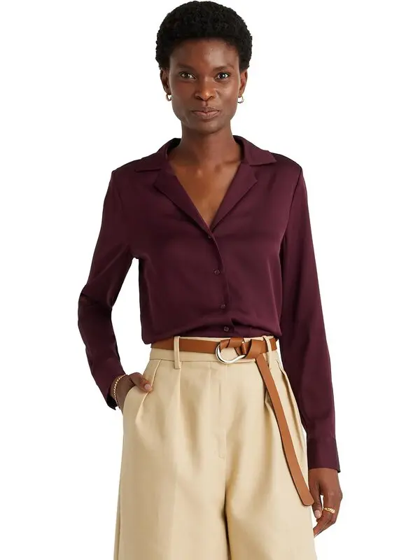 Quince Washable Stretch Silk Notch Collar Blouse - Wine Tasting Red
