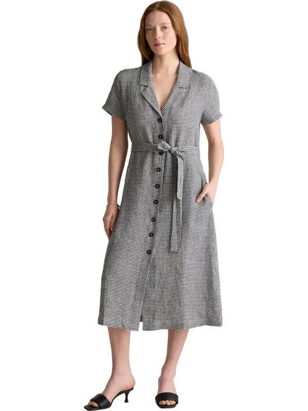 Quince 100% European Linen Button-front Midi Shirt Dress With Pockets - Classic Mini Gingham
