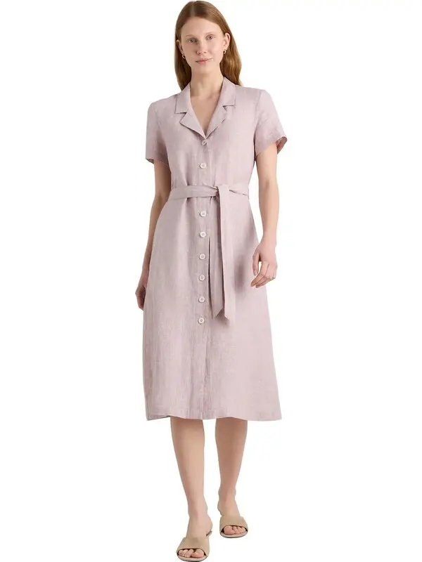 Quince 100% European Linen Button Front Midi Dress - Vintage Pink Chambray