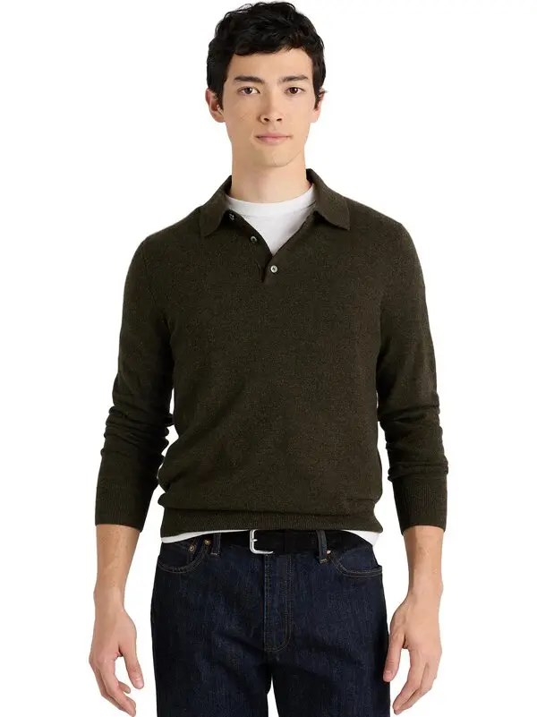 Quince Mongolian Cashmere Polo Sweater - Olive Twist