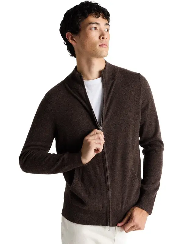 Quince Mongolian Cashmere Full Zip Sweater - Heather Truffle Brown