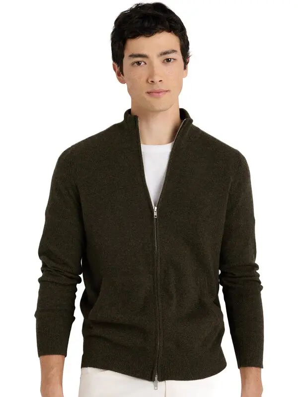 Quince Mongolian Cashmere Full Zip Sweater - Olive Twist