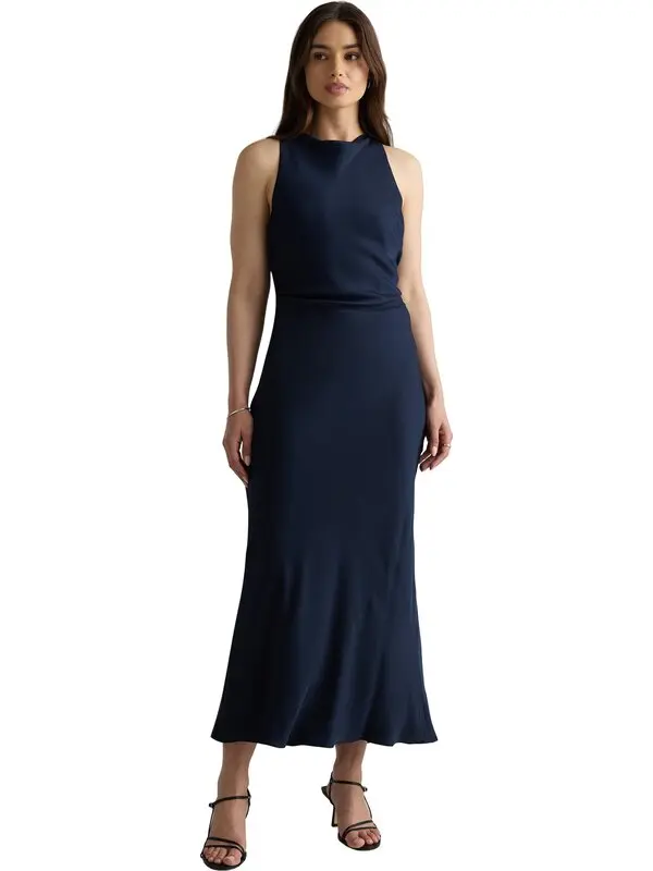 Quince Washable Stretch Silk High Neck Midi Dress - Navy