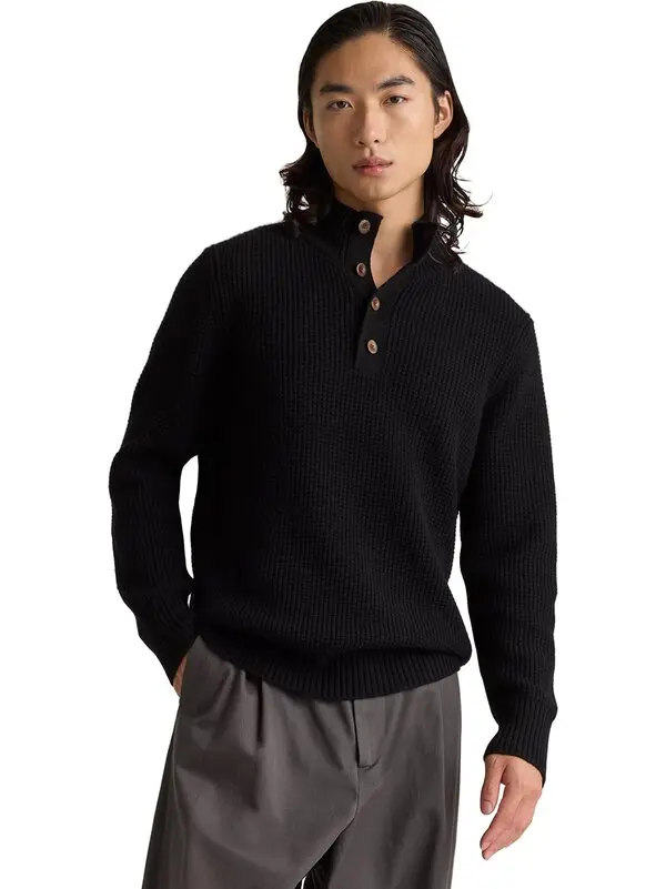 Quince Mongolian Cashmere Waffle Quarter Button Sweater - Black