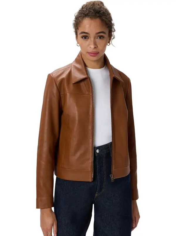 Quince Cropped Leather Zip-front Jacket - Dark Cognac Brown