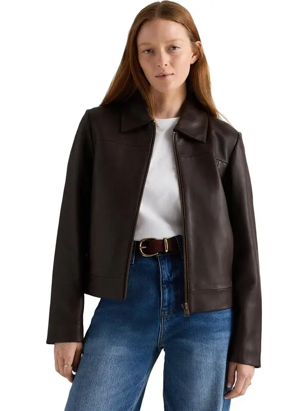 Quince Cropped Leather Zip-front Jacket - Rich Brown