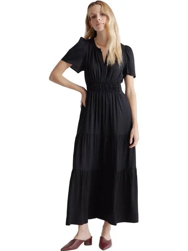 Quince Washable Stretch Silk Tiered Maxi Dress - Black