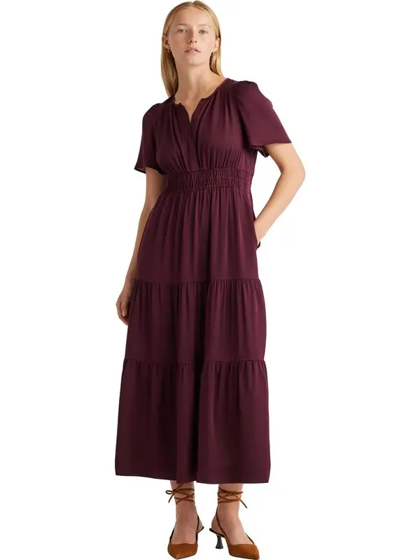 Quince Washable Stretch Silk Tiered Maxi Dress - Wine Tasting Red