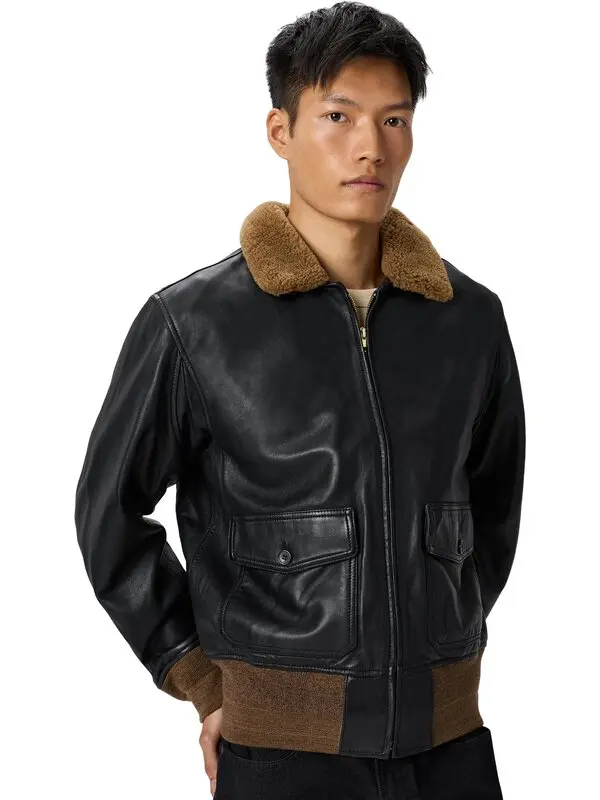 Quince Shearling Collar Leather Flight Jacket - True Black
