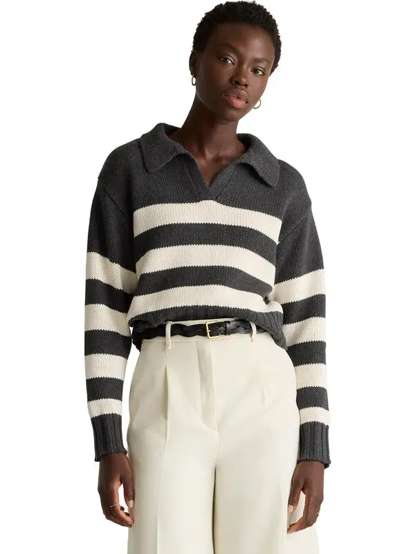 Quince Organic Cropped Cotton Polo Sweater - Charcoal/offwhite Stripe