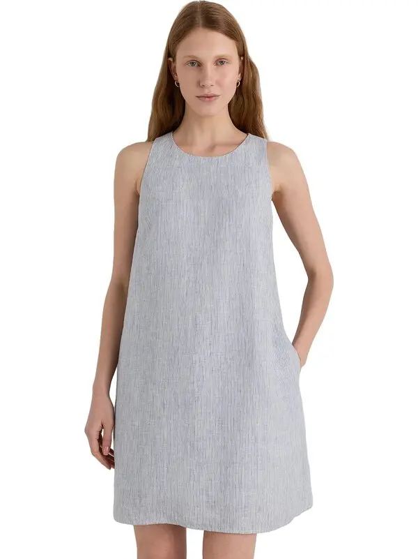 Quince 100% European Linen Tank Mini Dress - Blue Pinstripe
