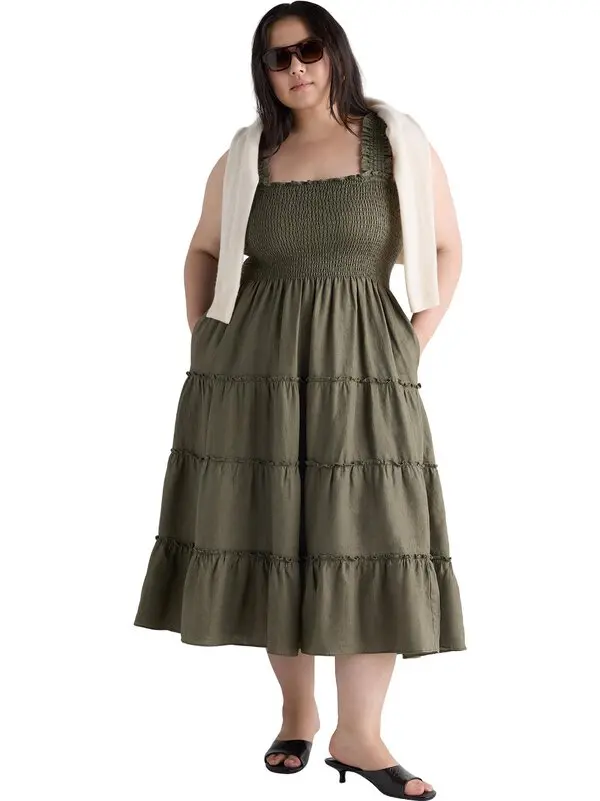 Quince 100% European Linen Smocked Midi Dress - Bayberry Olive