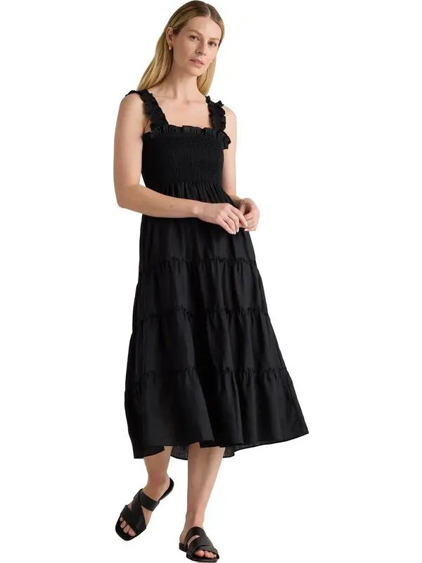 Quince 100% European Linen Smocked Midi Dress - Black