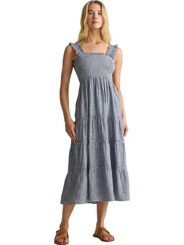 Quince 100% European Linen Smocked Midi Dress - Chambray Stripe