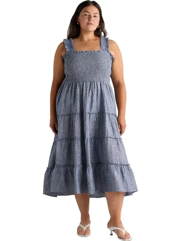 Quince 100% European Linen Smocked Midi Dress - Chambray Stripe