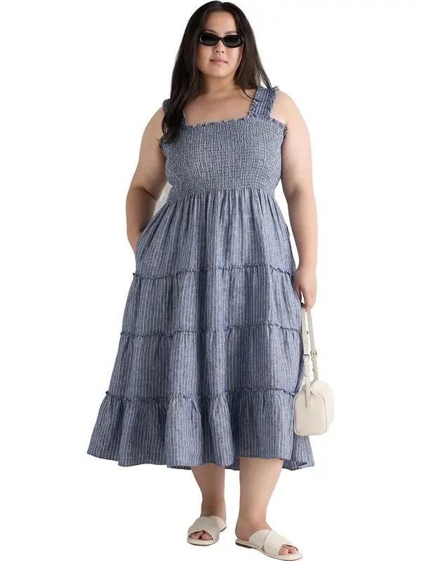 Quince 100% European Linen Smocked Midi Dress - Chambray Stripe