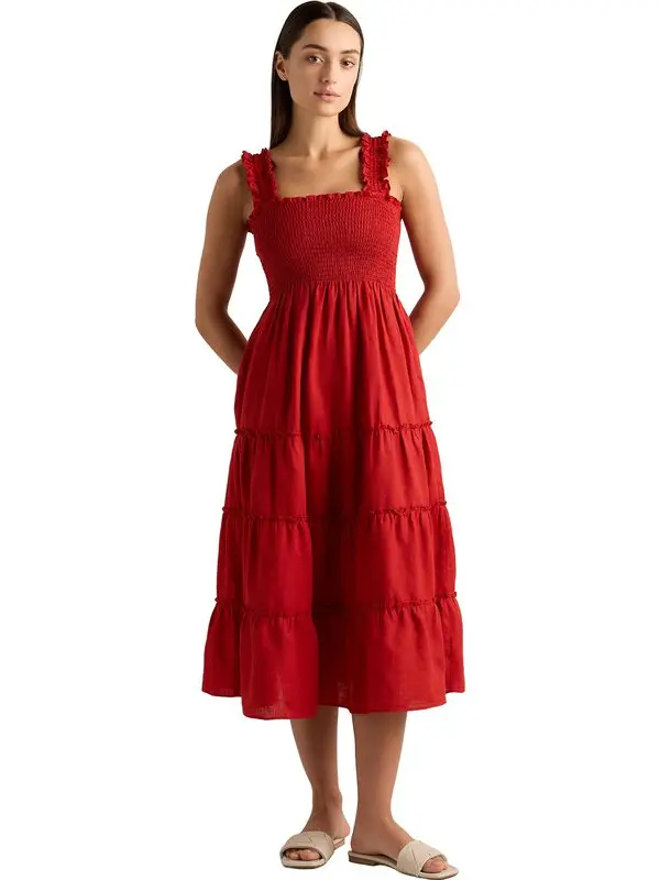 Quince 100% European Linen Smocked Midi Dress - Chile