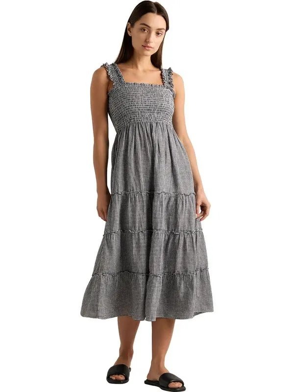 Quince 100% European Linen Smocked Tiered Midi Dress - Classic Mini Gingham