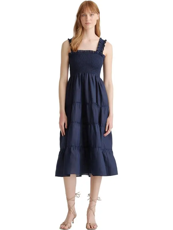 Quince 100% European Linen Smocked Midi Dress - Deep Navy