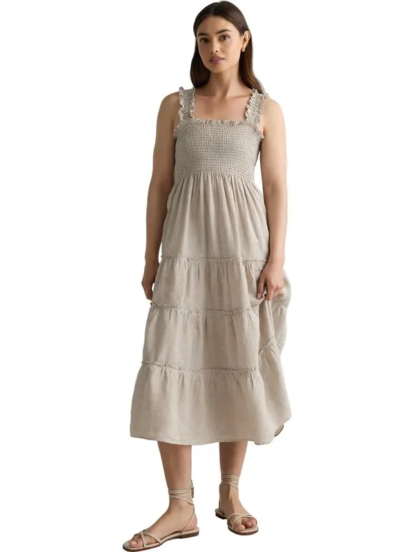 Quince 100% European Linen Smocked Midi Dress - Flax