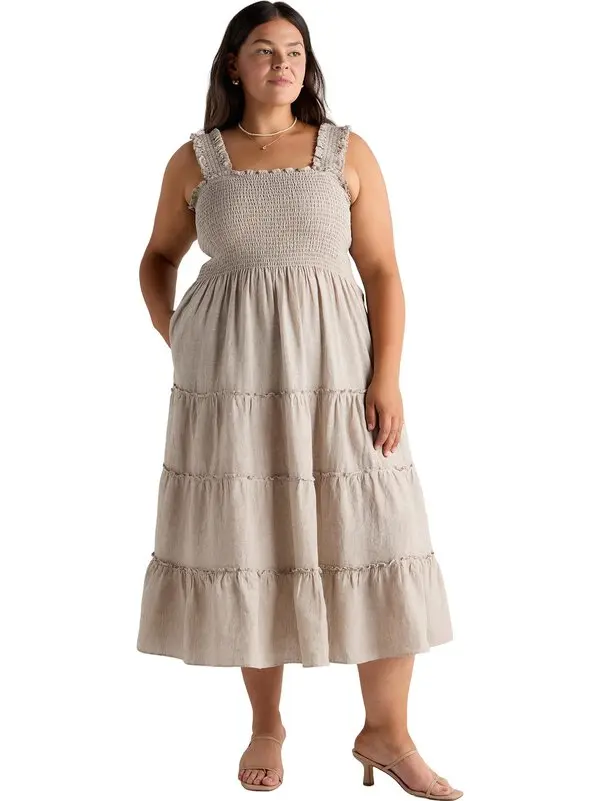 Quince 100% European Linen Smocked Midi Dress - Flax
