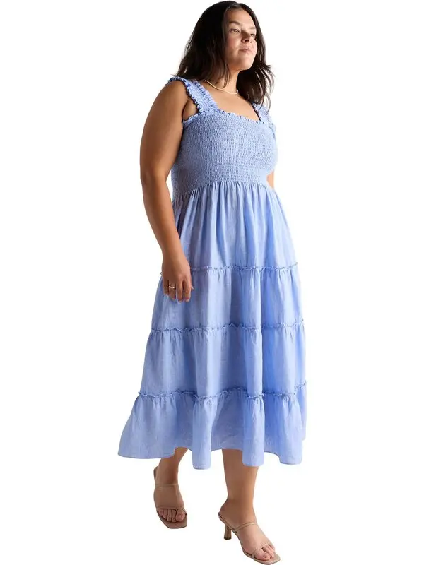 Quince 100% European Linen Smocked Midi Dress - French Blue
