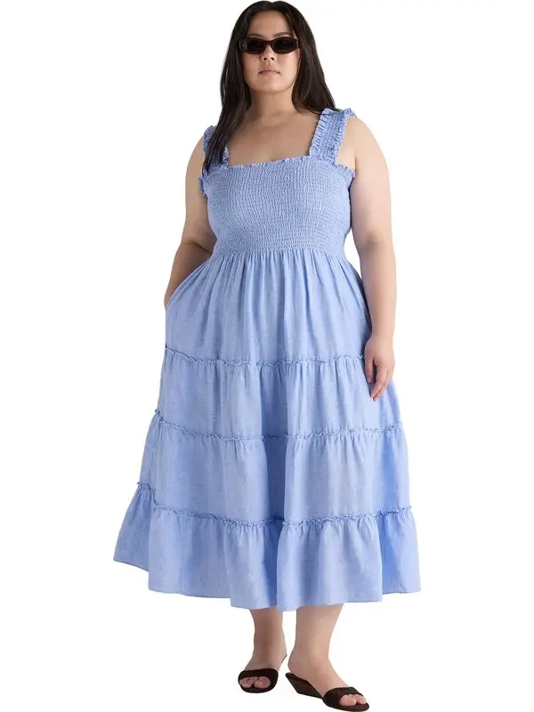 Quince 100% European Linen Smocked Midi Dress - French Blue