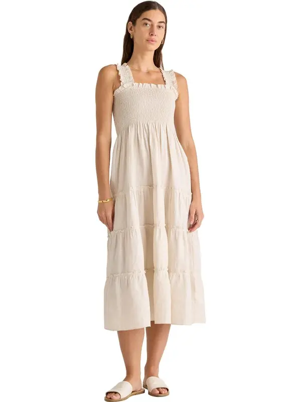 Quince 100% European Linen Smocked Midi Dress - Sand