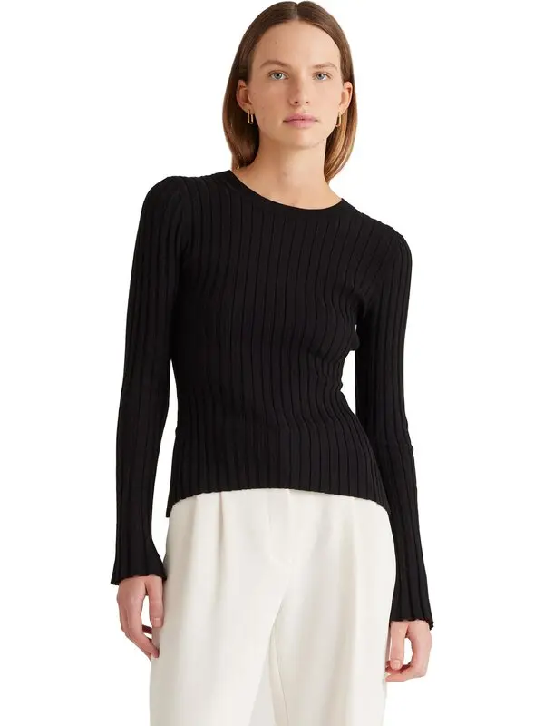 Quince Cotton Cashmere Ribbed Long Sleeve Sweater - Black