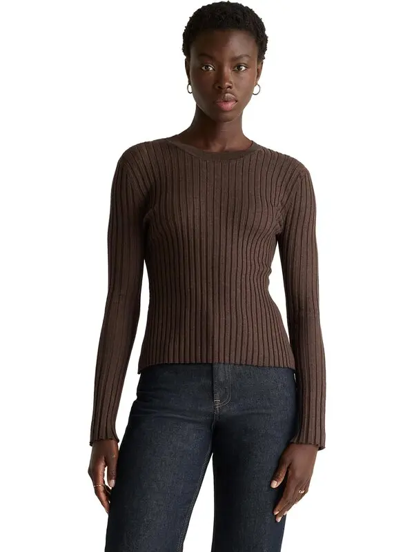 Quince Cotton Cashmere Ribbed Long Sleeve Sweater - Mocha Heather