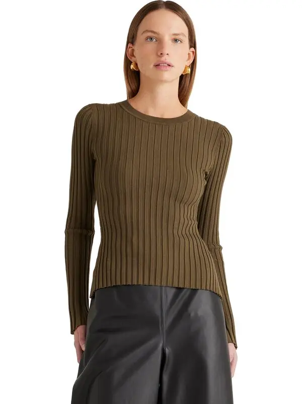 Quince Cotton Cashmere Ribbed Long Sleeve Sweater - Olive