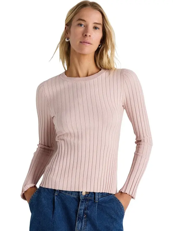 Quince Cotton Cashmere Ribbed Long Sleeve Sweater - Sugar Stone